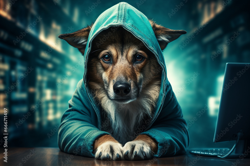 Hacker dog wearing a hoodie, sitting in front of a computer keyboard ...