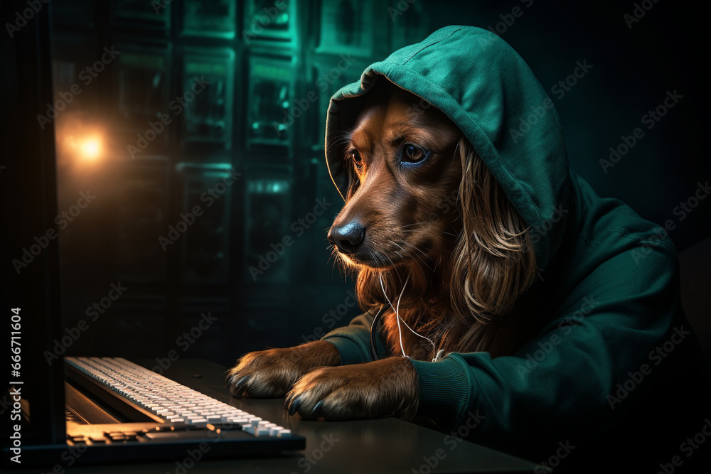Hacker dog wearing a hoodie, sitting in front of a computer keyboard ...