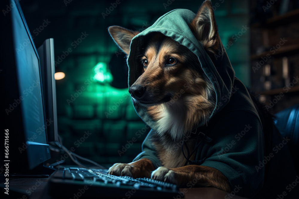 Hacker dog wearing a hoodie, sitting in front of a computer keyboard ...