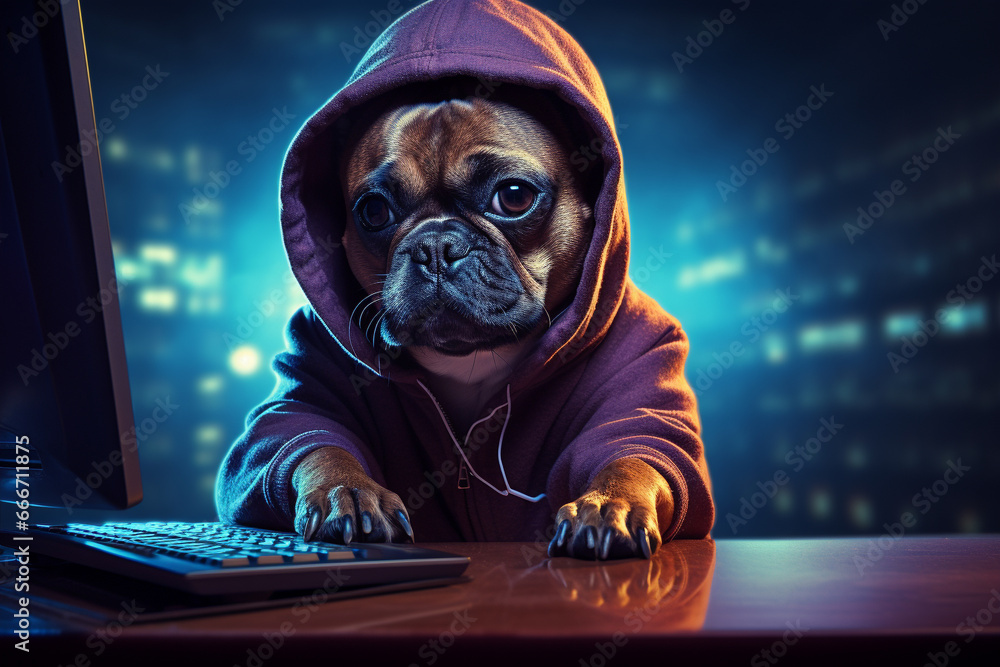 Hacker dog wearing a hoodie, sitting in front of a computer keyboard ...