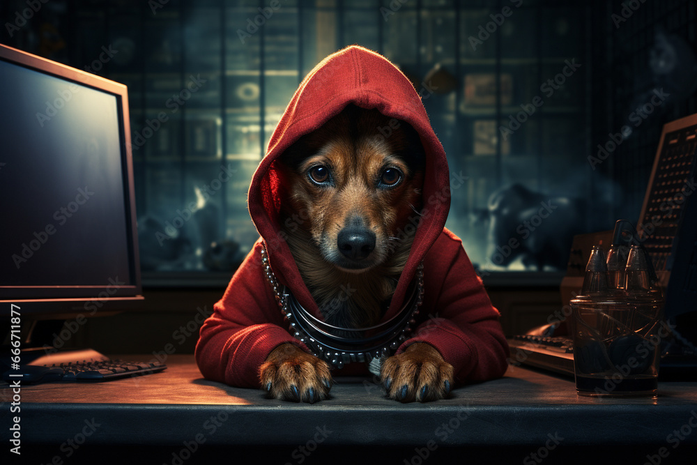 Hacker dog wearing a hoodie, sitting in front of a computer keyboard ...