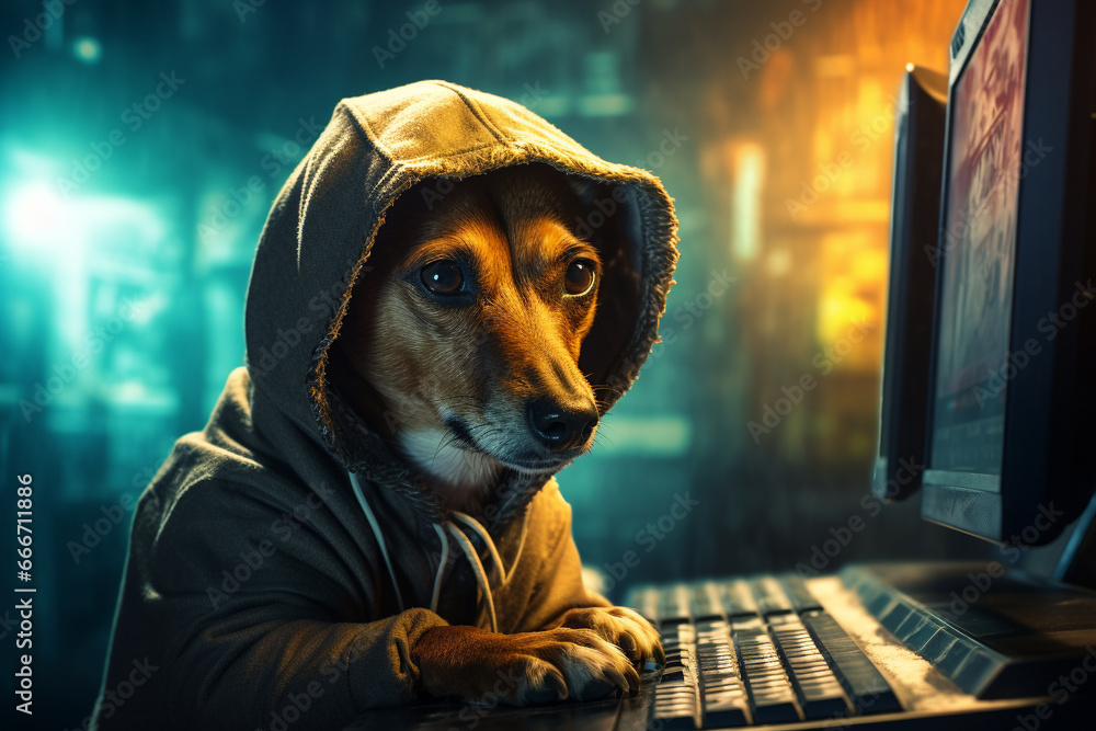 Hacker dog wearing a hoodie, sitting in front of a computer keyboard ...