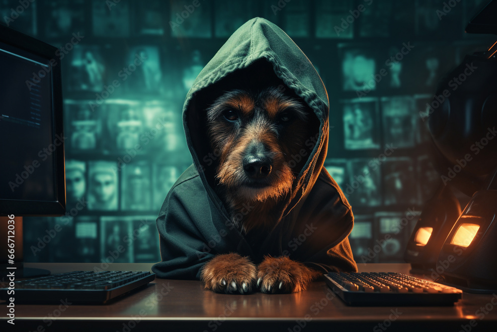 Hacker dog wearing a hoodie, sitting in front of a computer keyboard ...