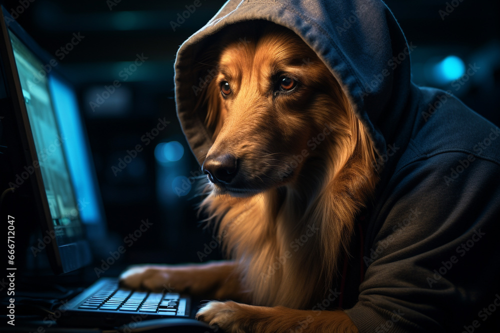 Hacker dog wearing a hoodie, sitting in front of a computer keyboard ...