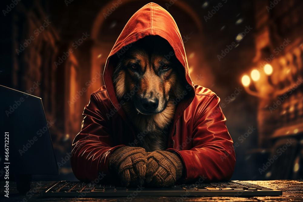 Hacker dog wearing a hoodie, sitting in front of a computer keyboard ...