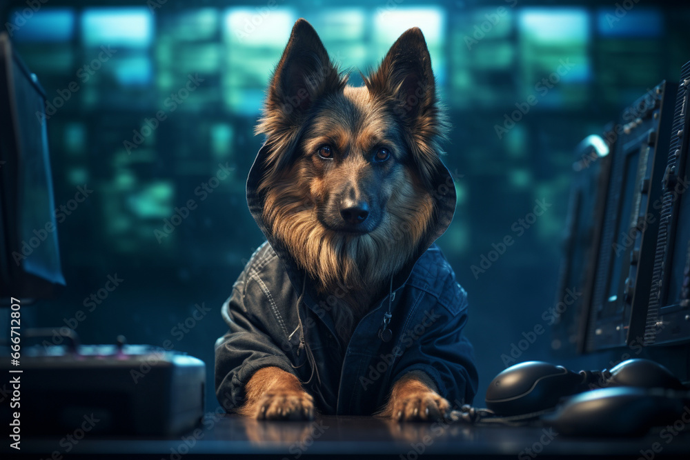 Hacker dog wearing a hoodie, sitting in front of a computer keyboard ...