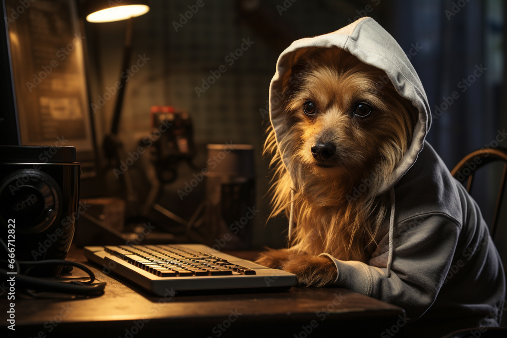 Hacker dog wearing a hoodie, sitting in front of a computer keyboard ...
