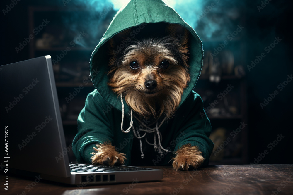 Hacker dog wearing a hoodie, sitting in front of a computer keyboard ...