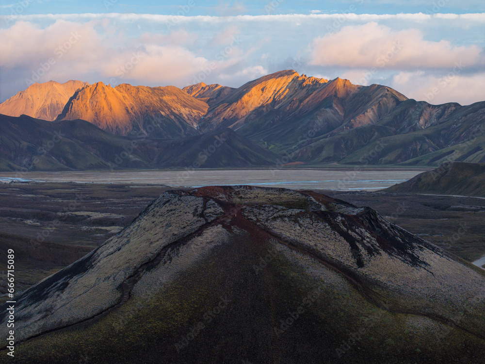 Aerial view taken by drone of little volcano in Landmannalaugar area on ...
