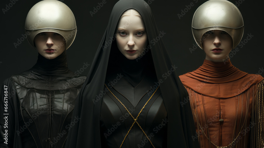 Gothic mysterious women wear ancient clothes praying death gods. Stock ...