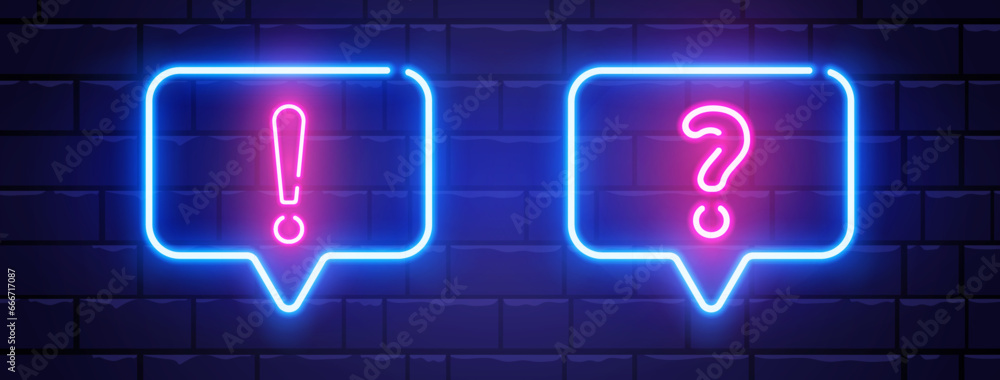 Neon speech bubble with question and exclamation mark. Quiz neon banner ...