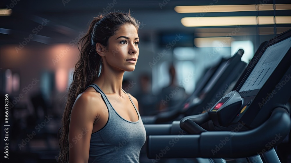 a brunette female in a gym in a horizontal format with space for a copy ...