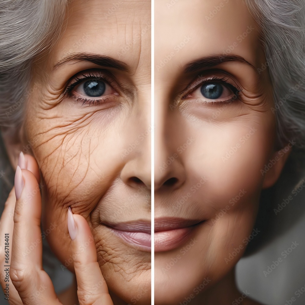 Elderly face before and after skin treatment. Cosmetic procedure ...