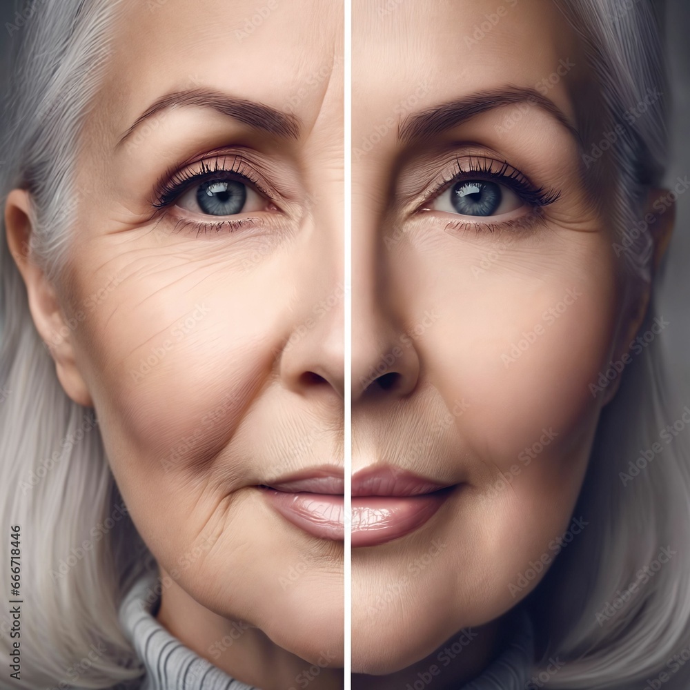 Elderly face before and after skin treatment. Cosmetic procedure ...