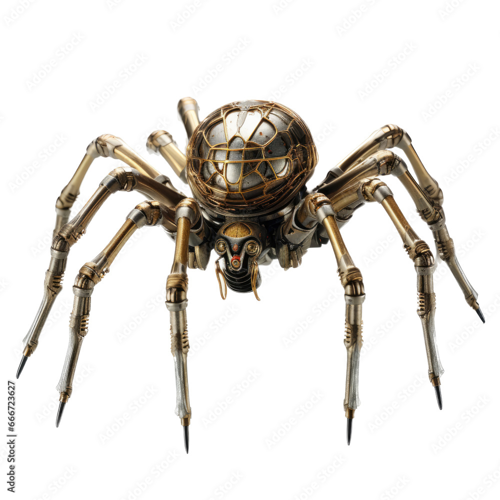 a bionic AI robotic spider, cyber intelligent, 3/4 view, in an isolated ...