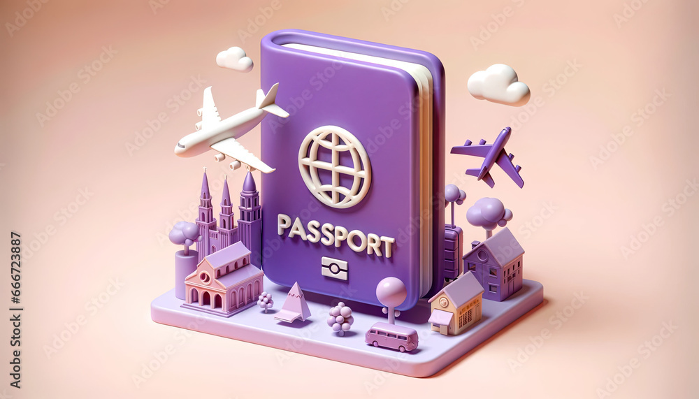 Illustration of a 3D purple passport set against a soft pastel backdrop ...