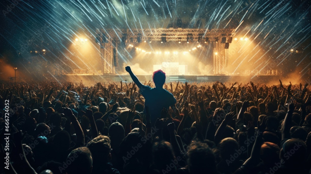 Live concert scene. A crowd of people gathered together. A man standing ...