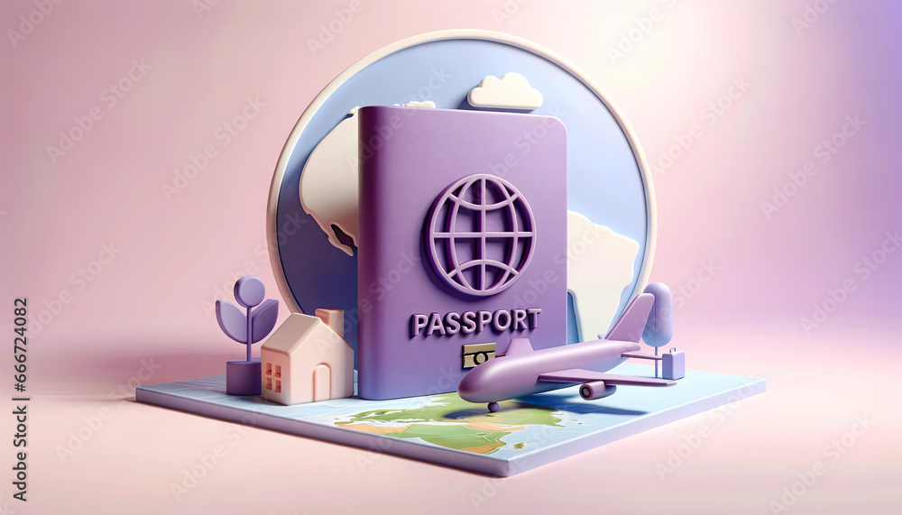Illustration of a 3D purple passport set against a soft pastel backdrop ...