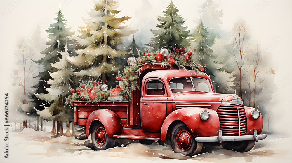 watercolour illustration of red christmas truck and christmas tree ...
