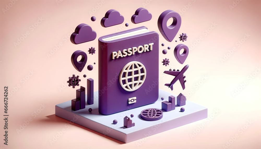 Illustration of a 3D purple passport set against a soft pastel backdrop ...
