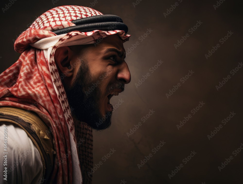 Profile of an Angry Arab Man in Grief. Anger and Extremism: Yelling ...
