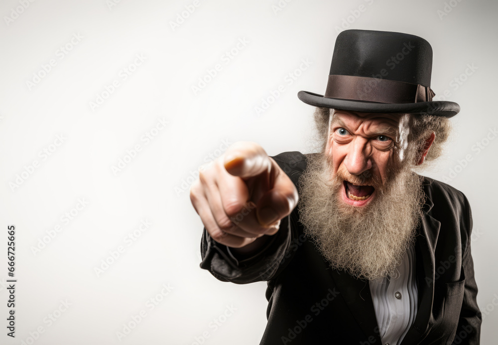 Old mature elder Jewish man. Long white beard and hair. Black hat ...