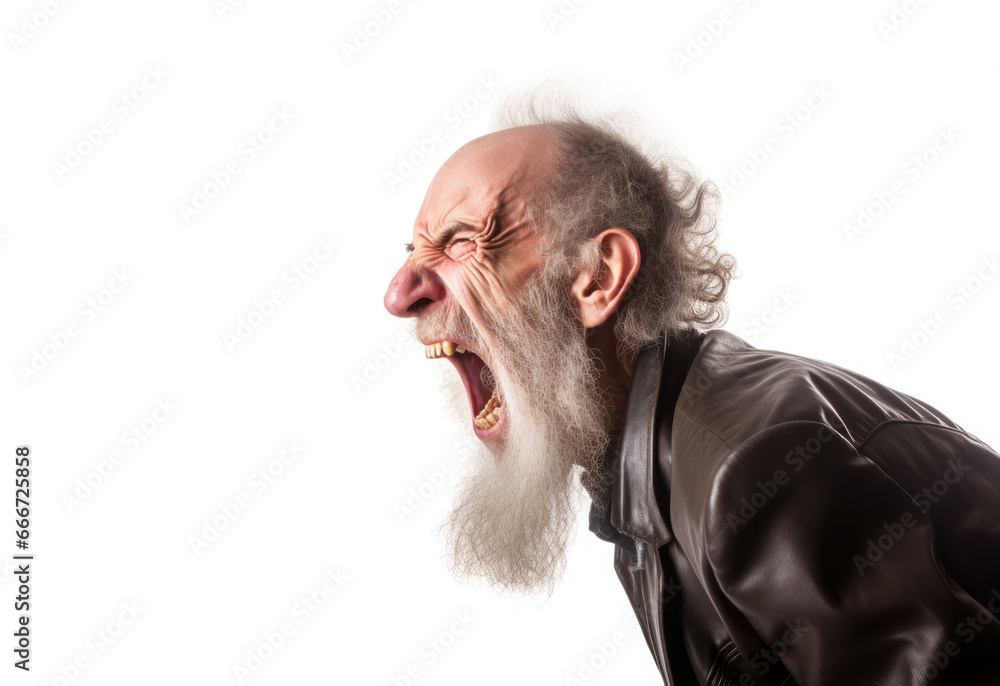 Angry old grandpa with white hair and beard. wearing a brown leather ...