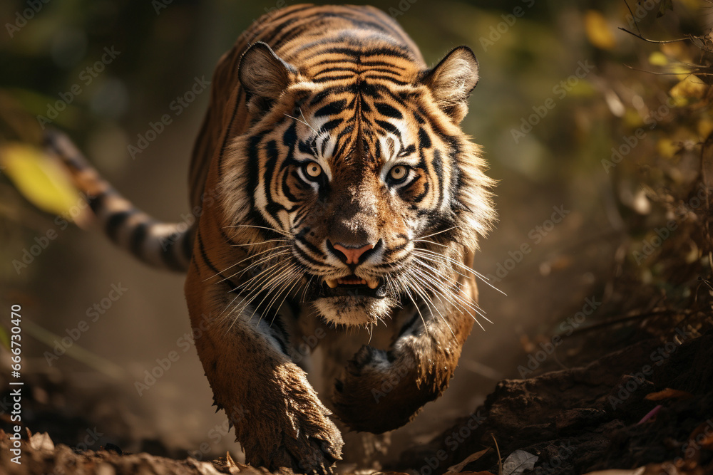 Running tiger, showcasing the potent combination of power and grace ...
