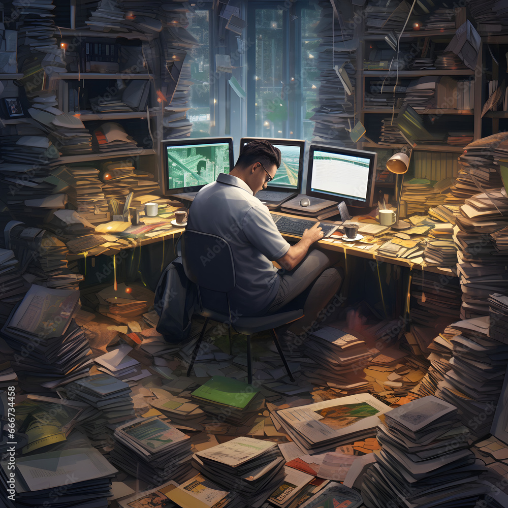 person in a modern office setting, hunched over a laptop and surrounded ...