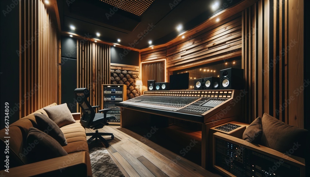 Dimly lit recording studio control room with wooden accents and a view ...