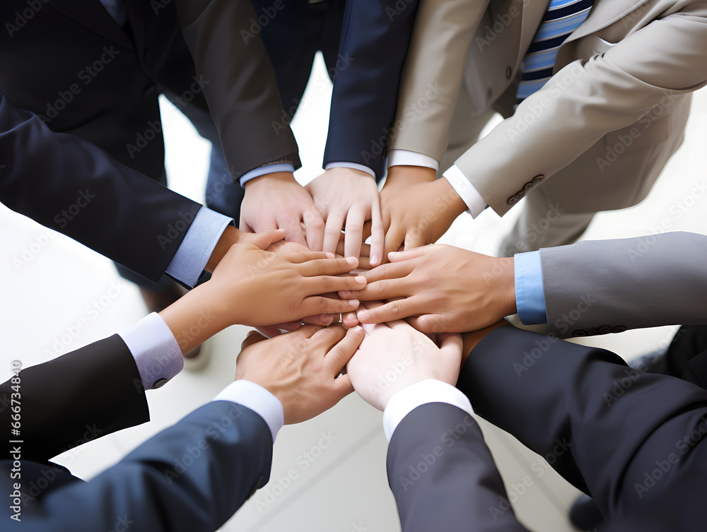 business people making pile of hands. Panoramic Teamwork, empathy ...
