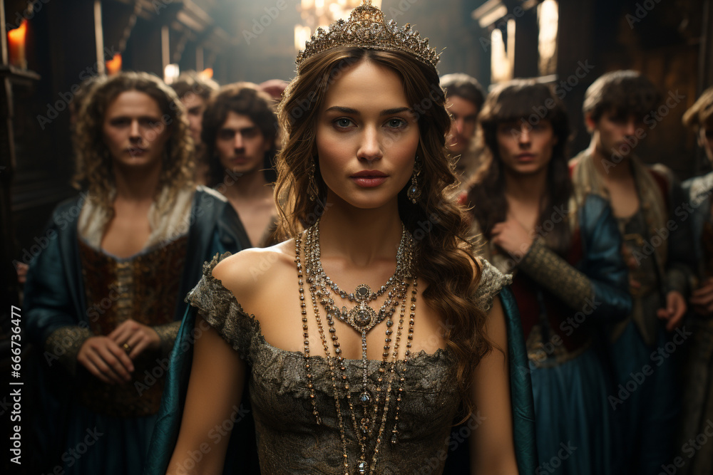 The queen poses on her throne with her crown, looking seductive at the ...