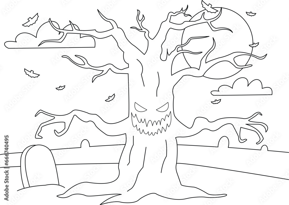 Halloween Haunted Tree Illustration. Coloring Page For Kids. Halloween ...