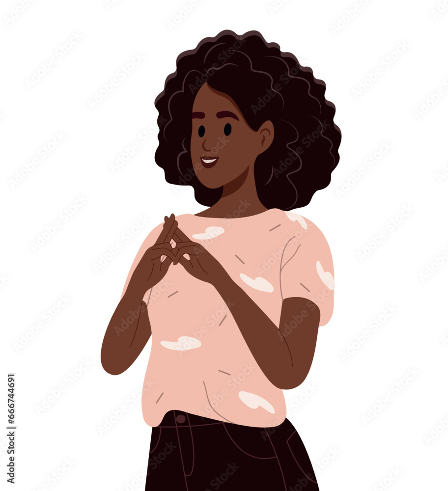 Deaf mute young black woman on white background. An adult learns sign ...