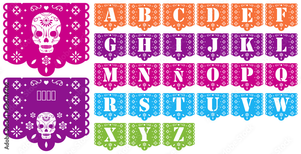 Papel picado con las letras del abecedario y con una calavera, en ...