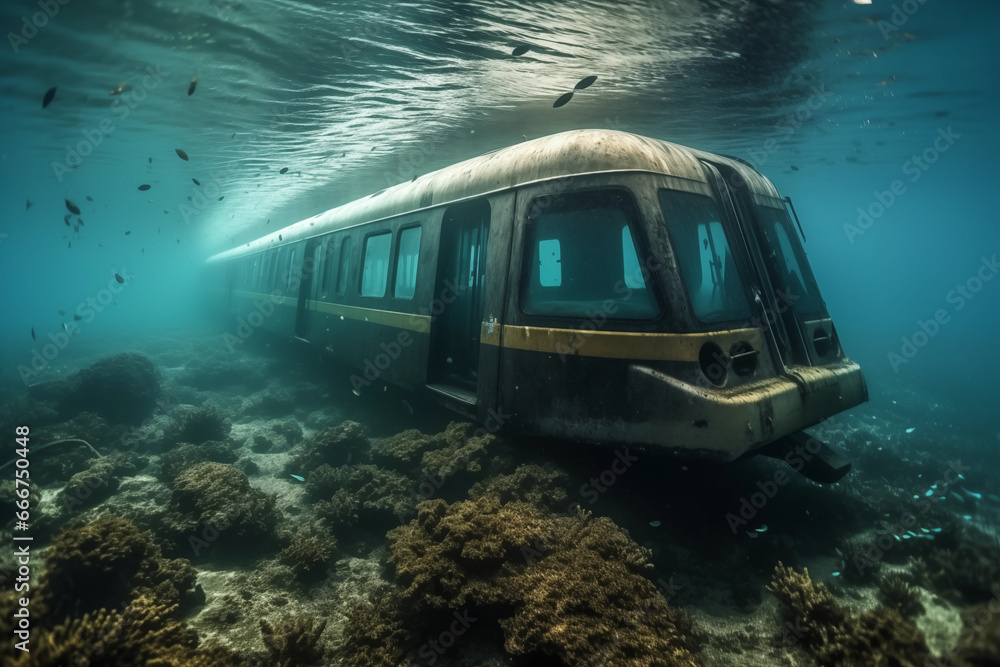 Sunken train on ocean floor. Train crash. Abandoned wagon train after ...
