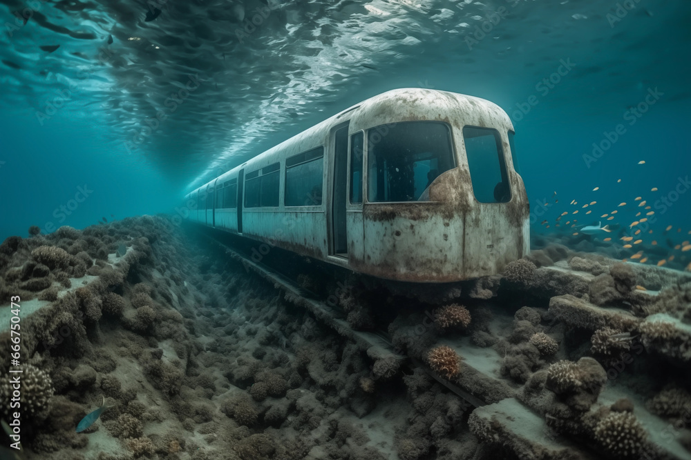 Sunken train on ocean floor. Train crash. Abandoned wagon train after ...