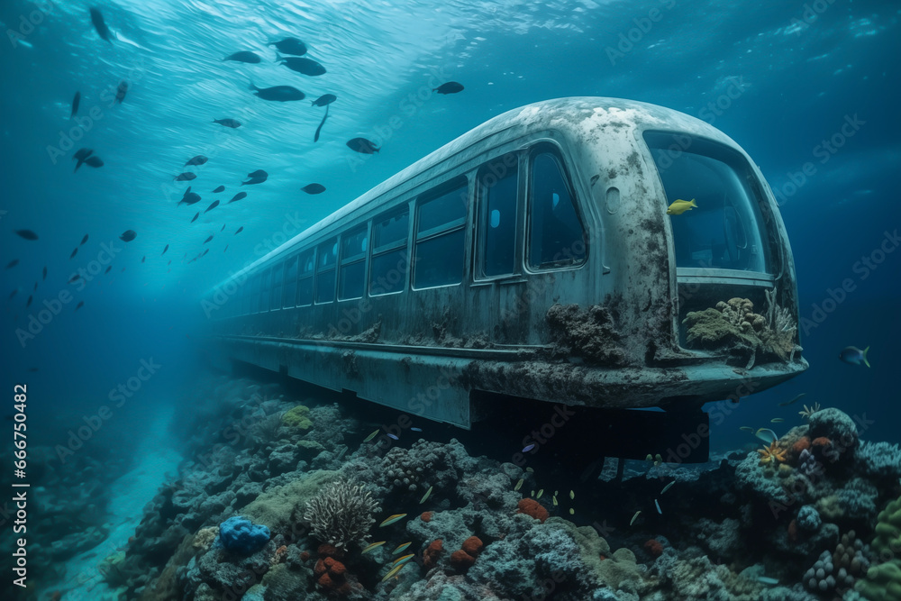 Sunken train on ocean floor. Train crash. Abandoned wagon train after ...