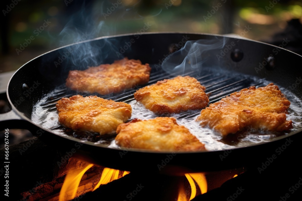 Breaded chicken sizzling in a skillet over an open flame. Stock Photo ...