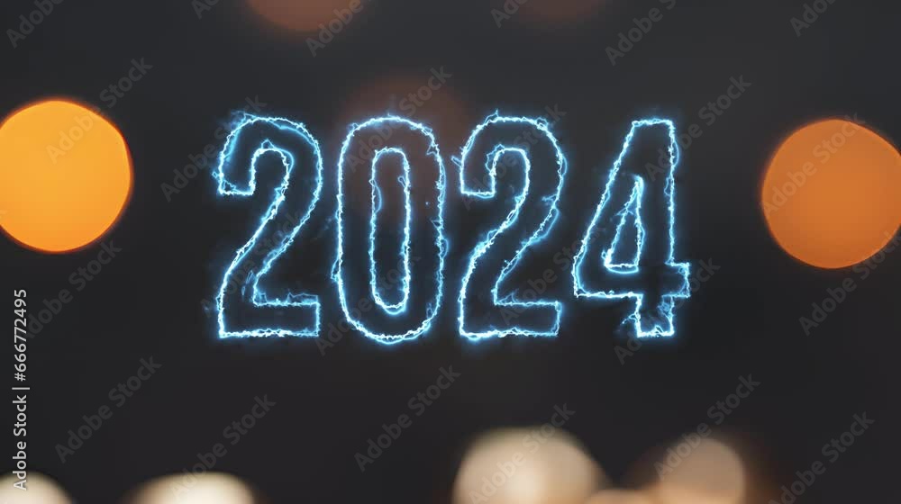 Animation of 2024 year sign, radiant blue light effect, with bokeh ...