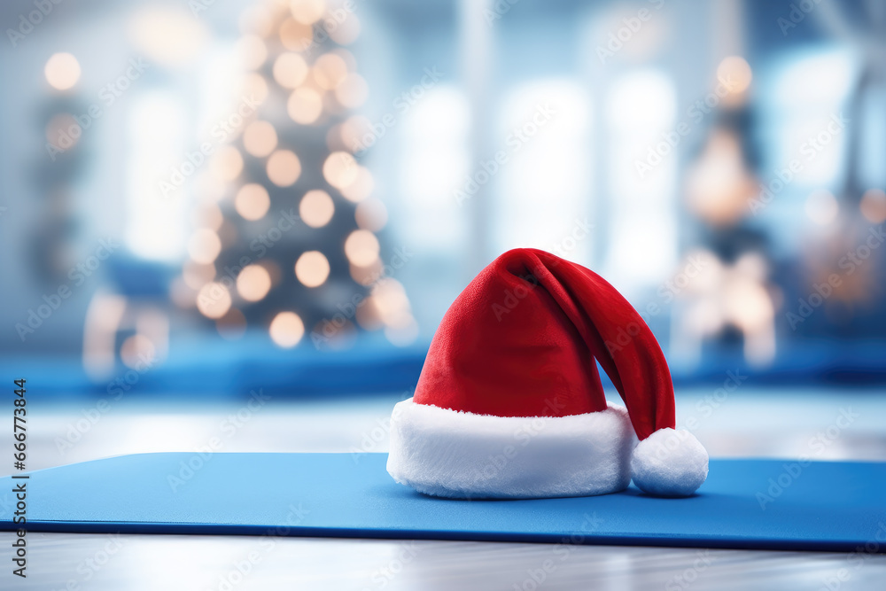 Close up of yoga mat with Santa Clause hat with home decorated for ...