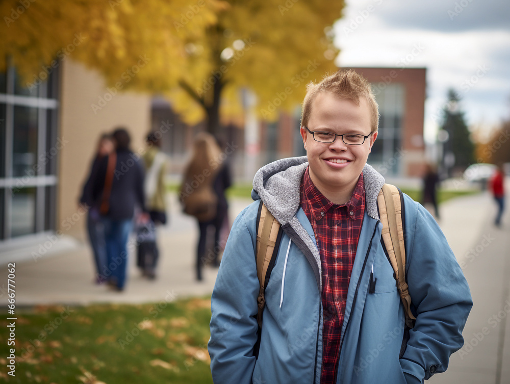 Young smiling teenager with down syndrome with backpack look at camera ...