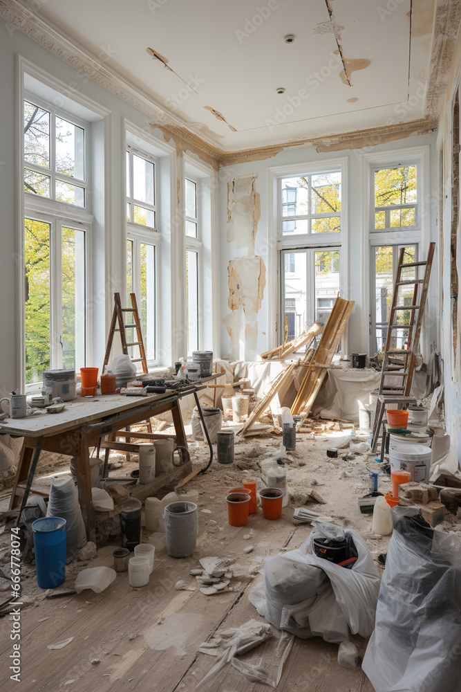 Messy living room under renovation, repainting and painting the walls ...