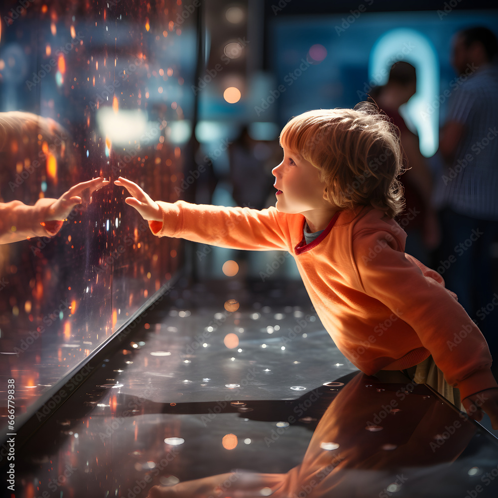 A child touching a solar cell with curiosity a science exhibit backdrop ...