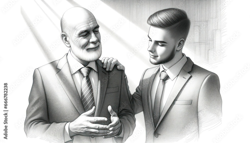 Wise bald business mentor with a gentle demeanor guiding a young, clean ...