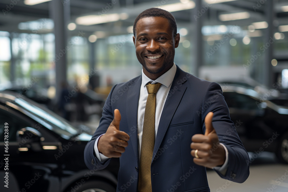 Successful luxury automobile business concept. Smiling friendly African ...