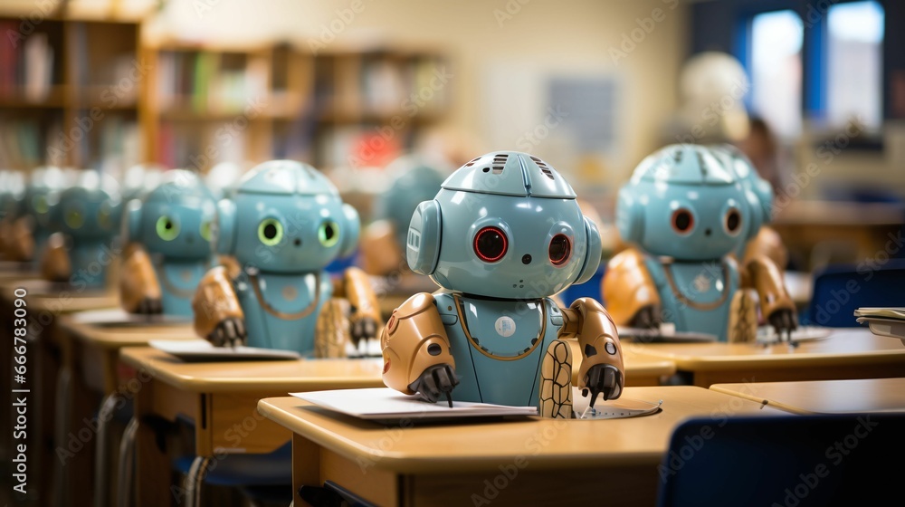 AI-generated illustration of An array of robotic figurines lined up in ...