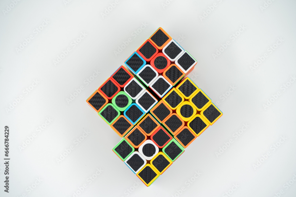 3x3 Rubiks cubes on white background isolated. Solving difficult tasks ...