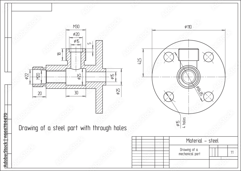 Vector drawing of a steel mechanical part with through holes ...