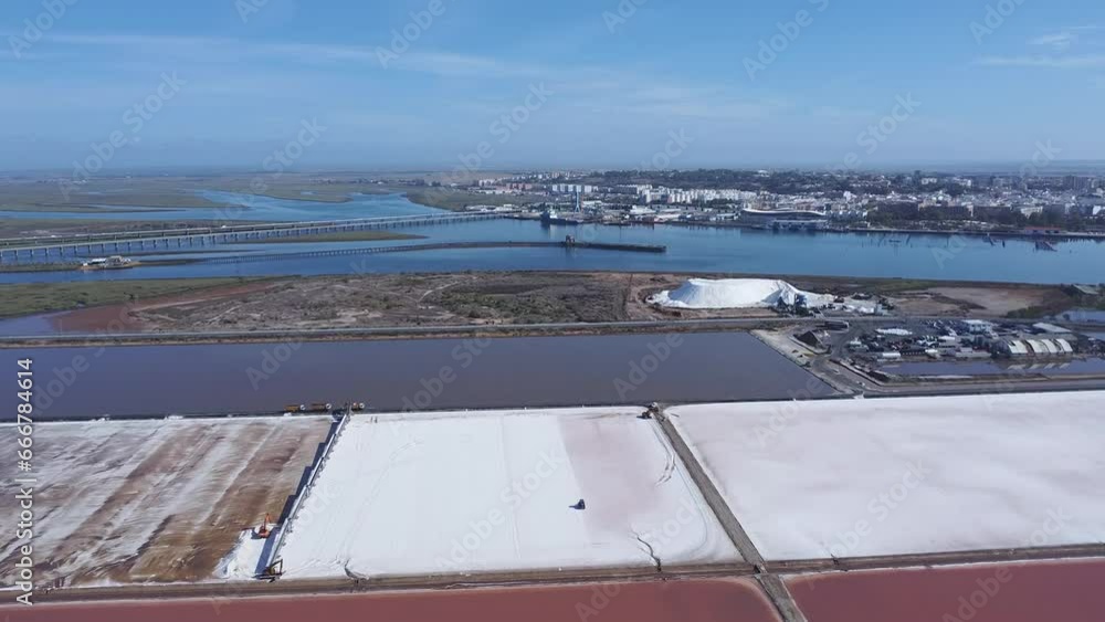 Aerial drone view of salt collection in the evaporators of sea salt in ...